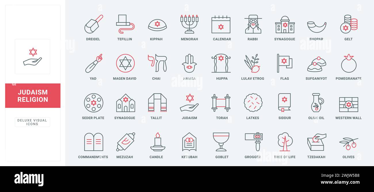 Judaism religion line icons set. Jewish identity objects and religious ...