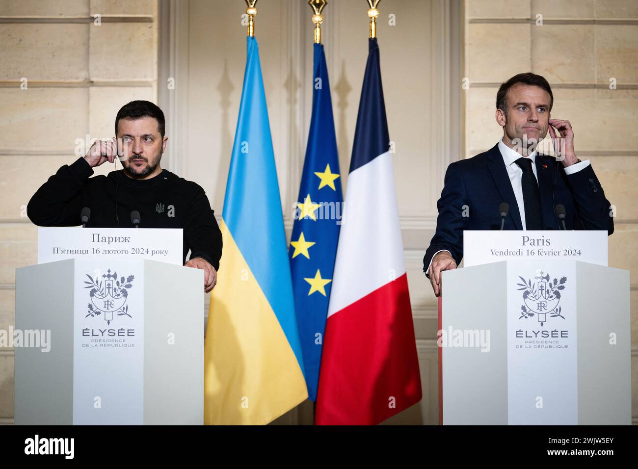 Paris, France. 17th Feb, 2024. France's President Emmanuel Macron and ...