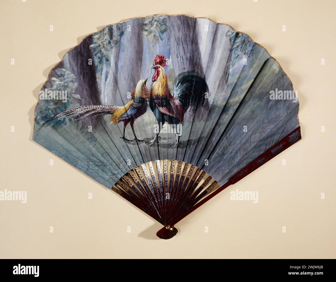 Duvelleroy. "Chantecler". Ventail. Leaf in gouache painted fabric ...