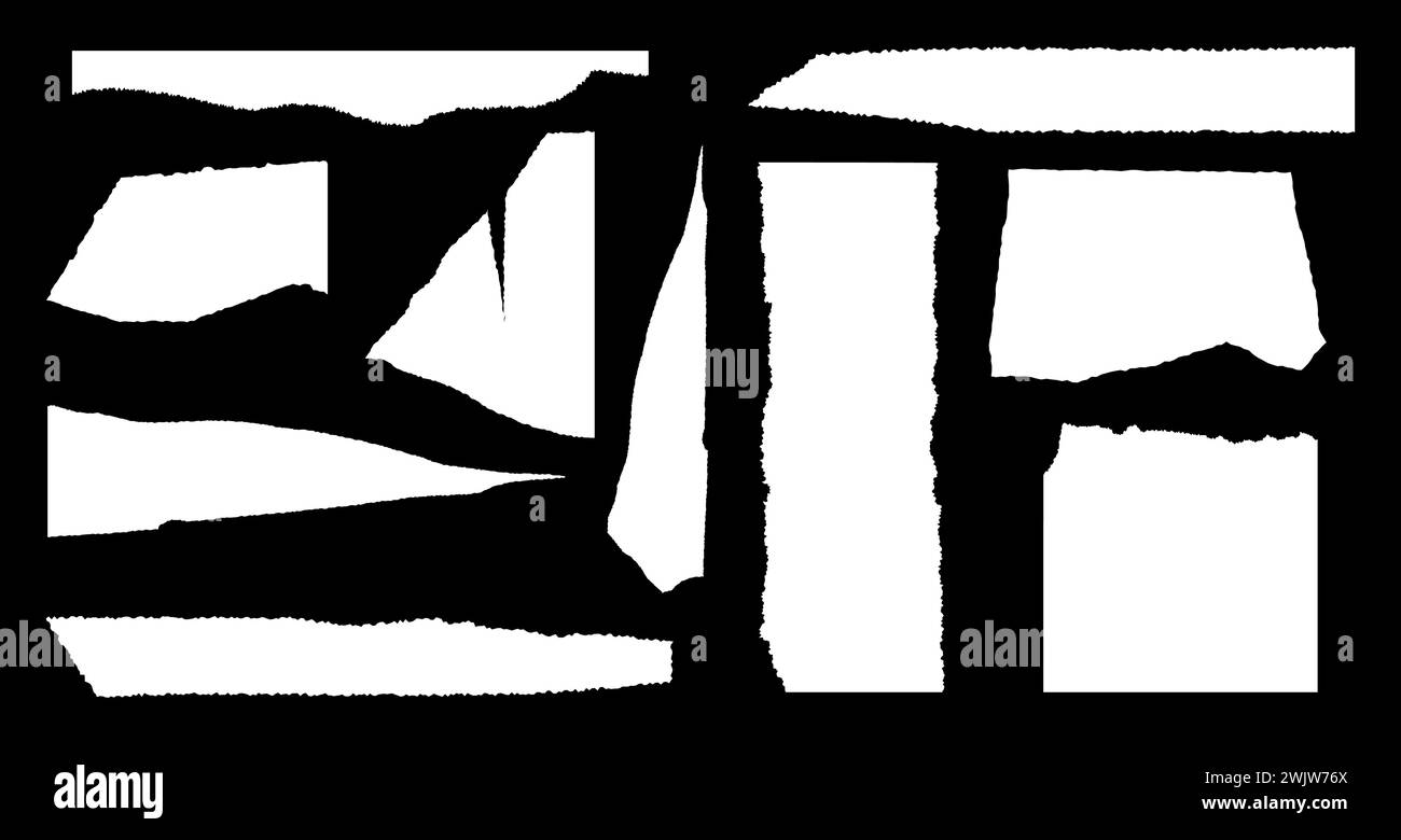 Set of torn paper pieces. White grunge jagged borders, corners and ...