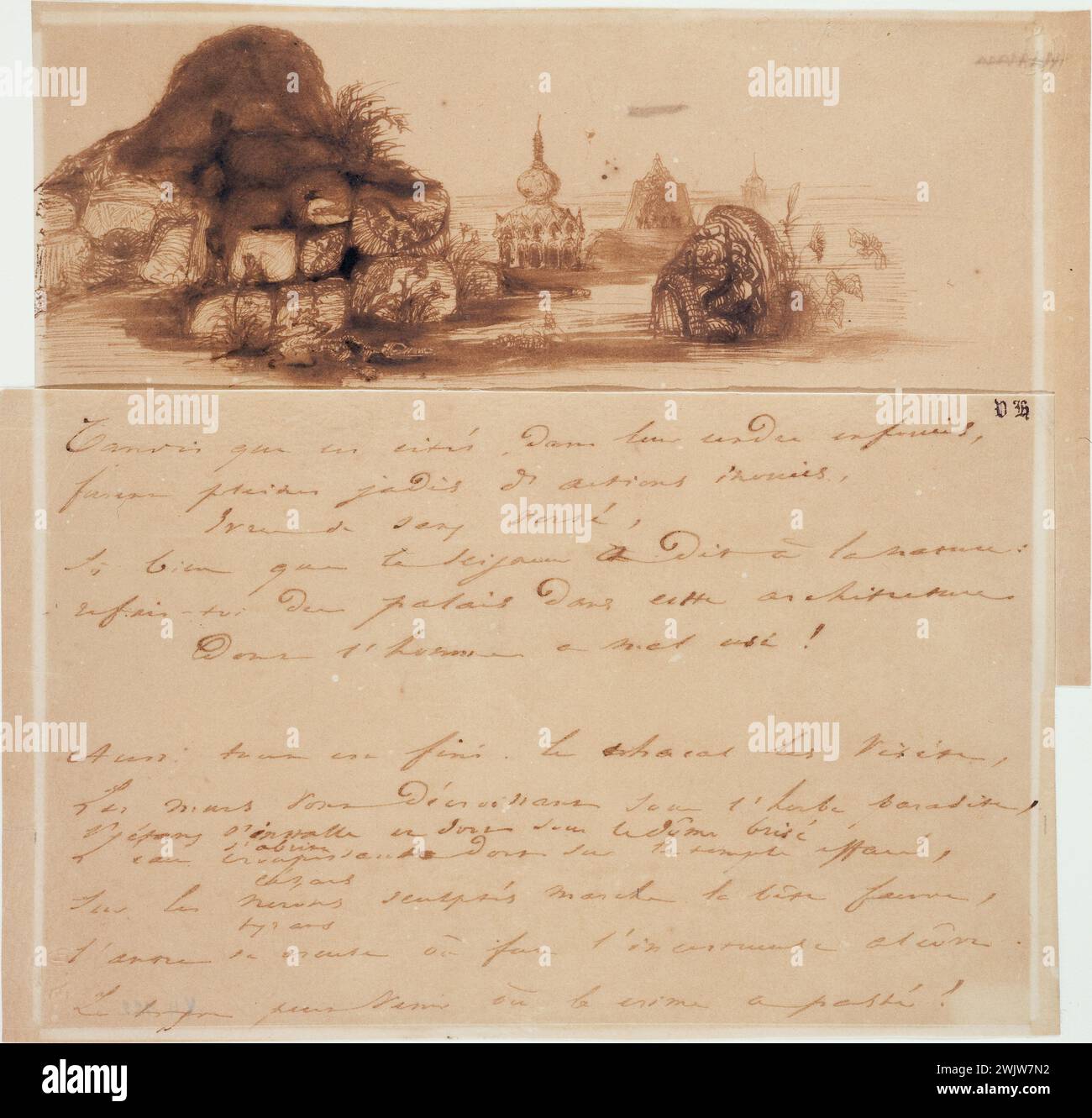 Victor Hugo (1802-1885). "Cursed ruins". Plume and wash of brown ink on ...