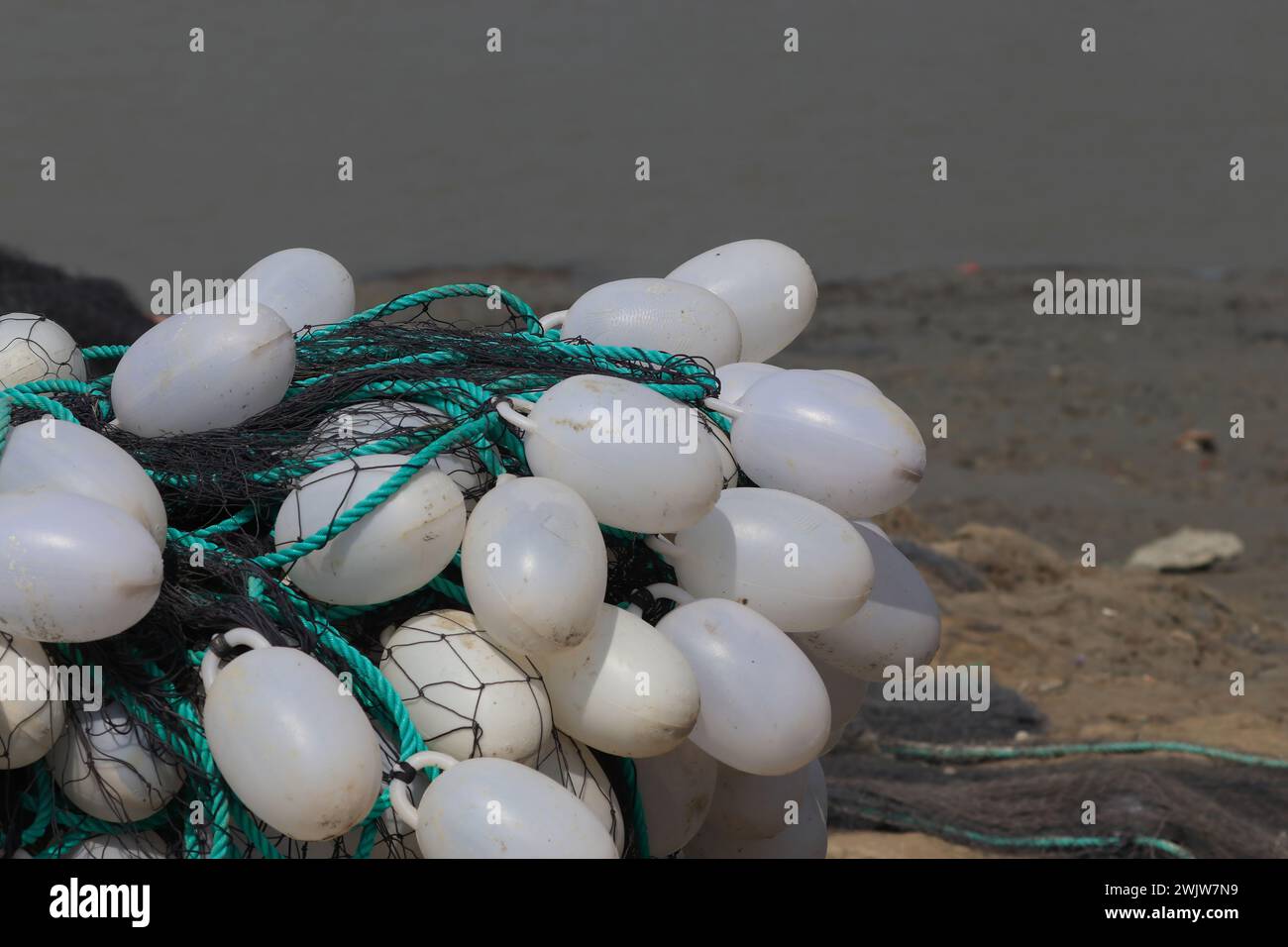 fishing net with white floating balls.this photo was taken from ...