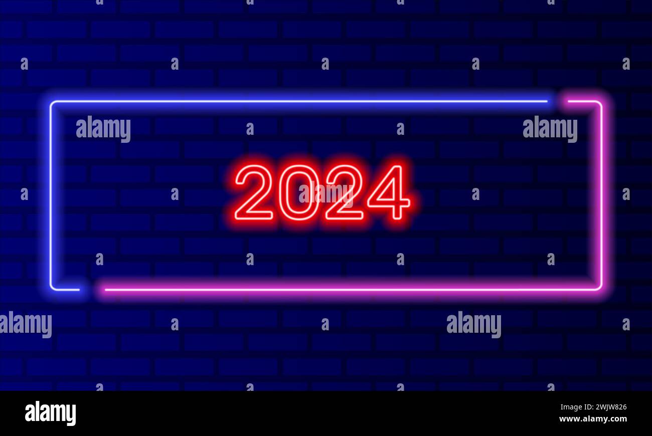 Neon sign 2024 year in speech bubble frame on brick wall background ...