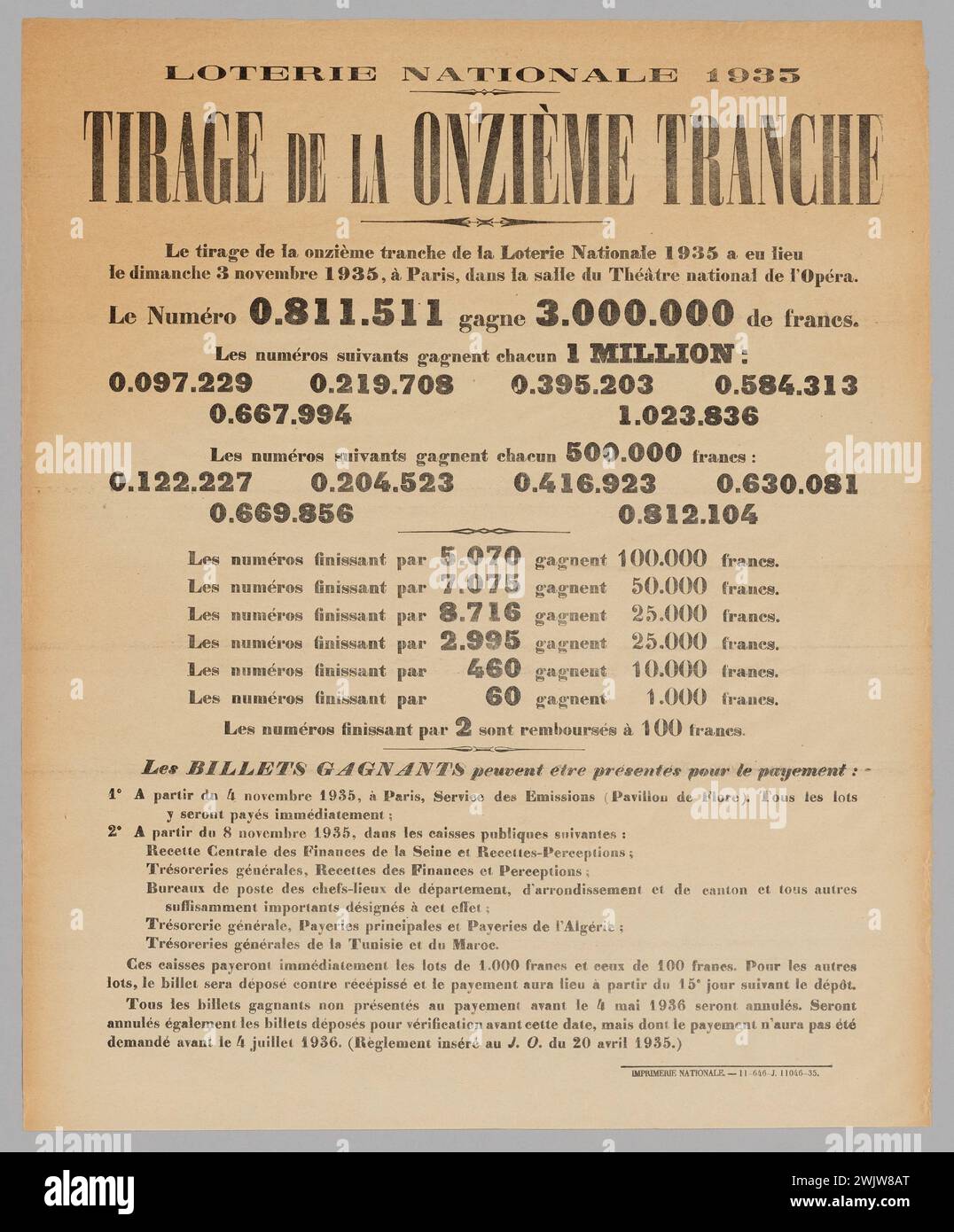 National printing, national lottery 1935/ TRAKING OF THE ONZIEME TRAKE ...
