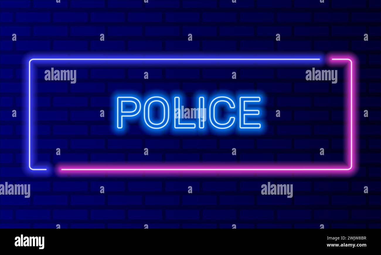 Neon sign police in speech bubble frame on brick wall background vector ...