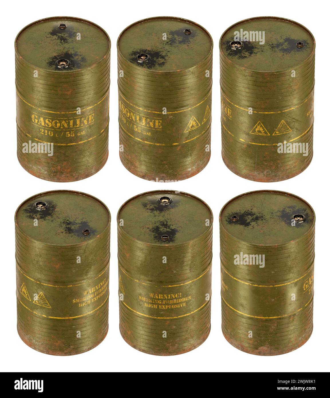 3d render illustration of a set of a rusted gasoline drum barrels in ...