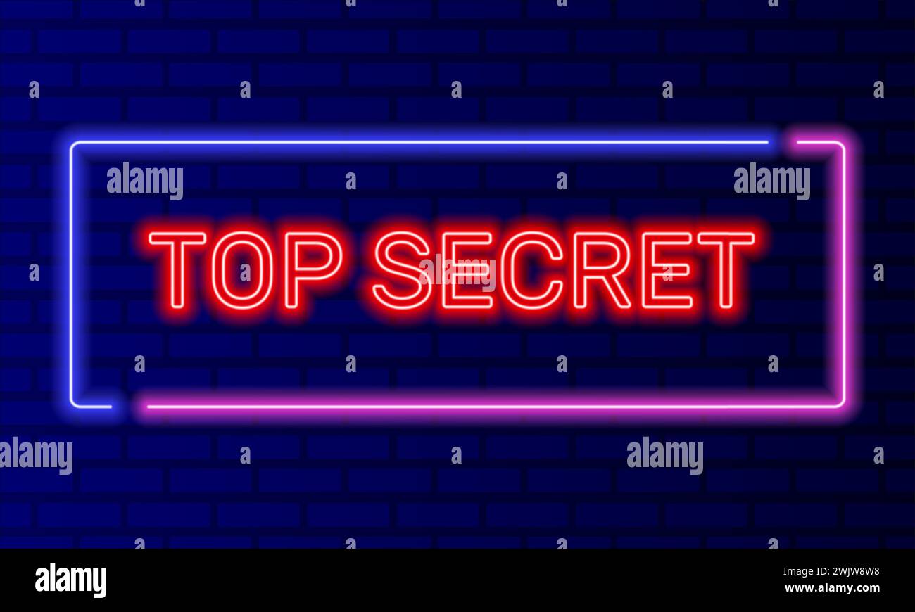 Neon sign top secret in speech bubble frame on brick wall background ...