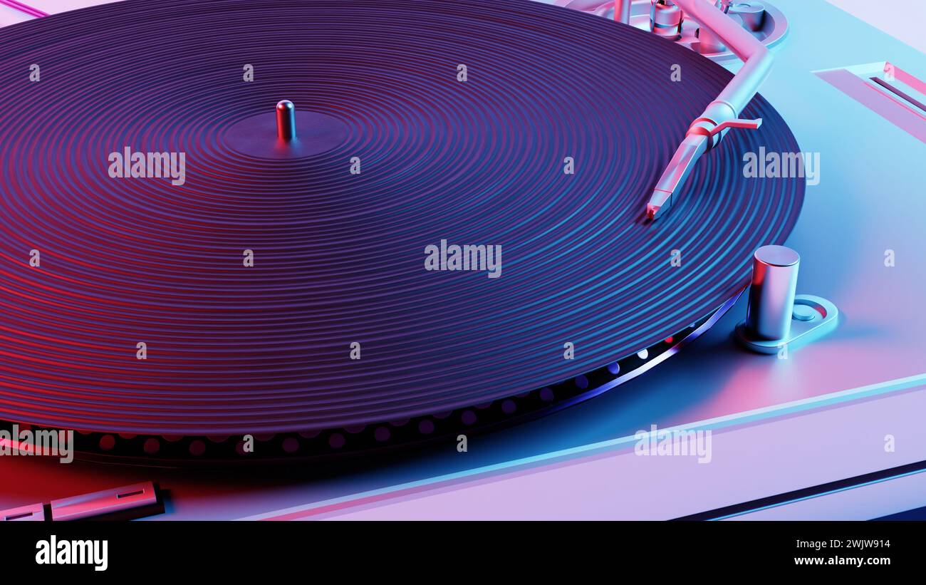 This 3D illustration showcases a vinyl record player with vibrant ...