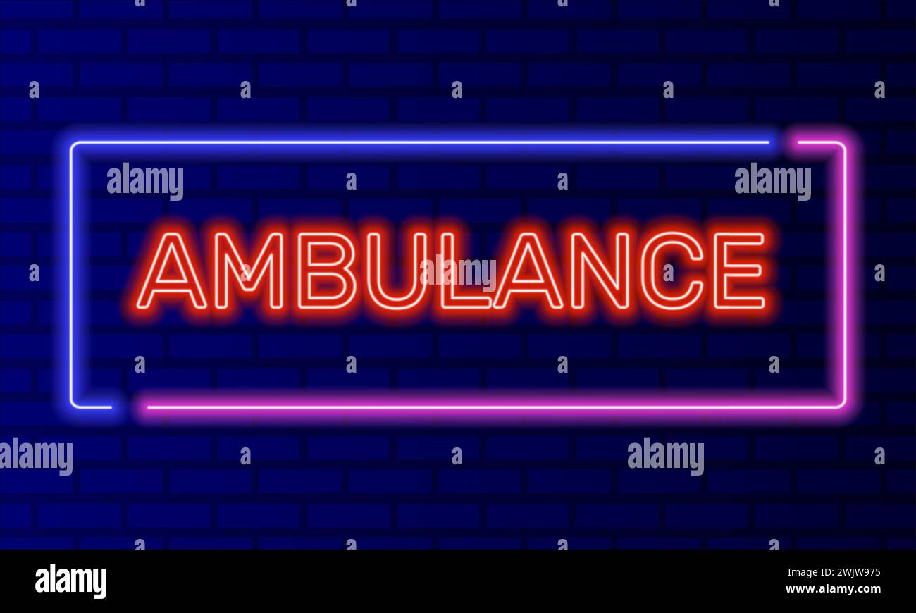 Neon sign ambulance in speech bubble frame on brick wall background ...