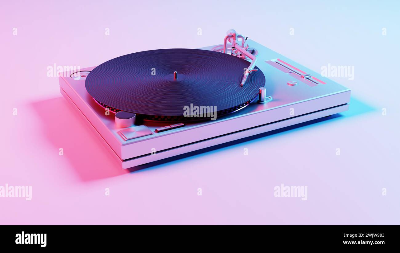 This 3D illustration showcases a vinyl record player with vibrant ...