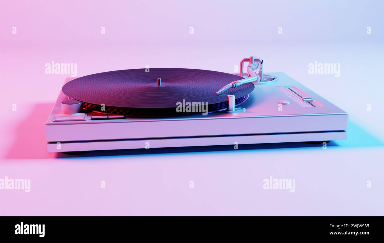 This 3D illustration showcases a vinyl record player with vibrant ...