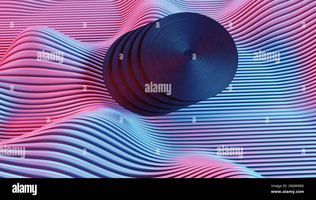 This artwork depicts a vinyl record set against a retro wave landscape ...