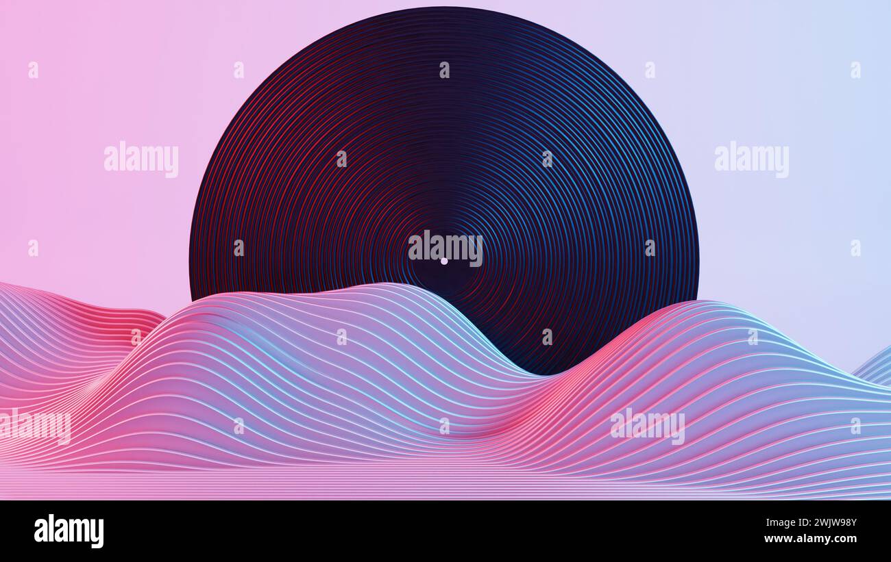 This artwork depicts a vinyl record set against a retro wave landscape ...