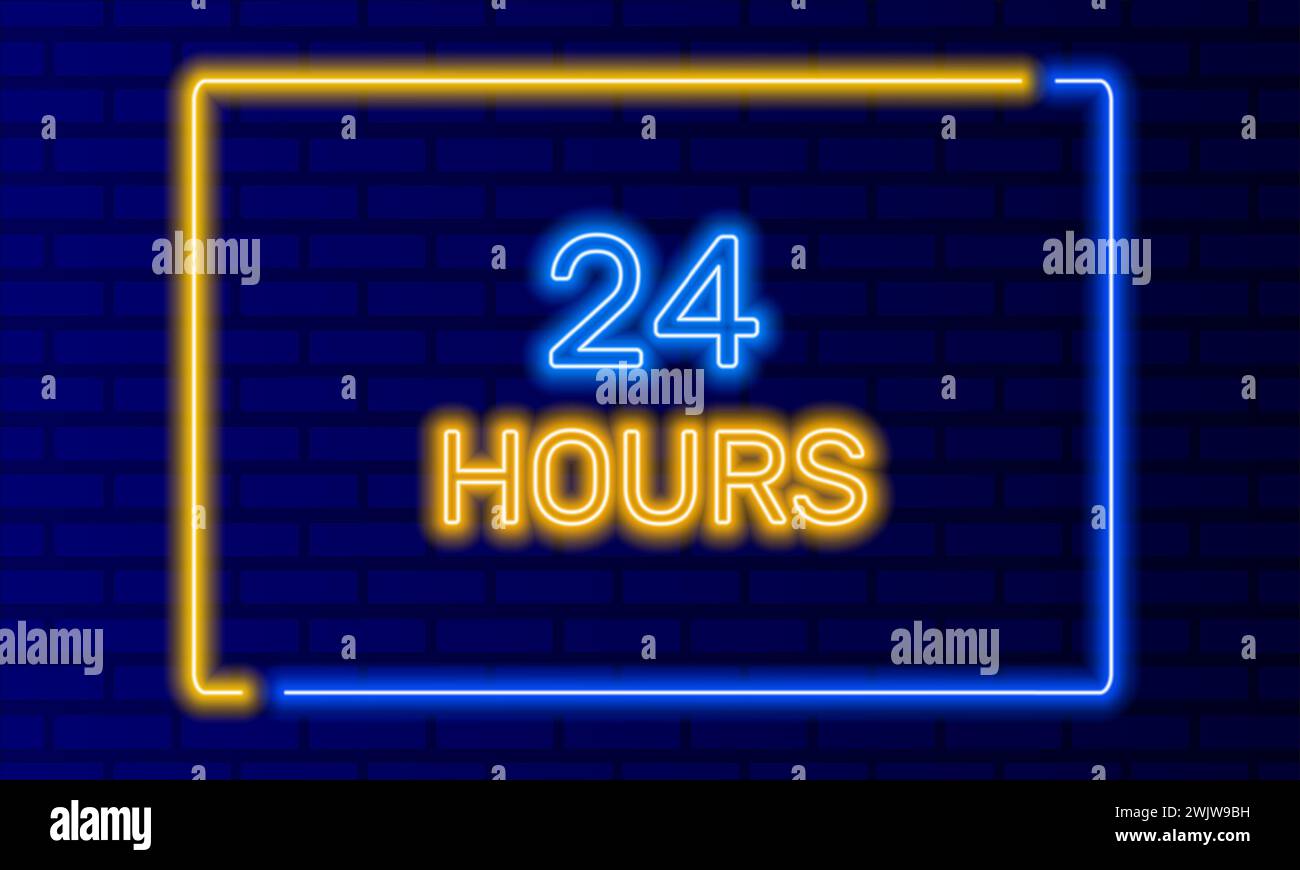Neon sign 24 hours open in speech bubble frame on brick wall background ...