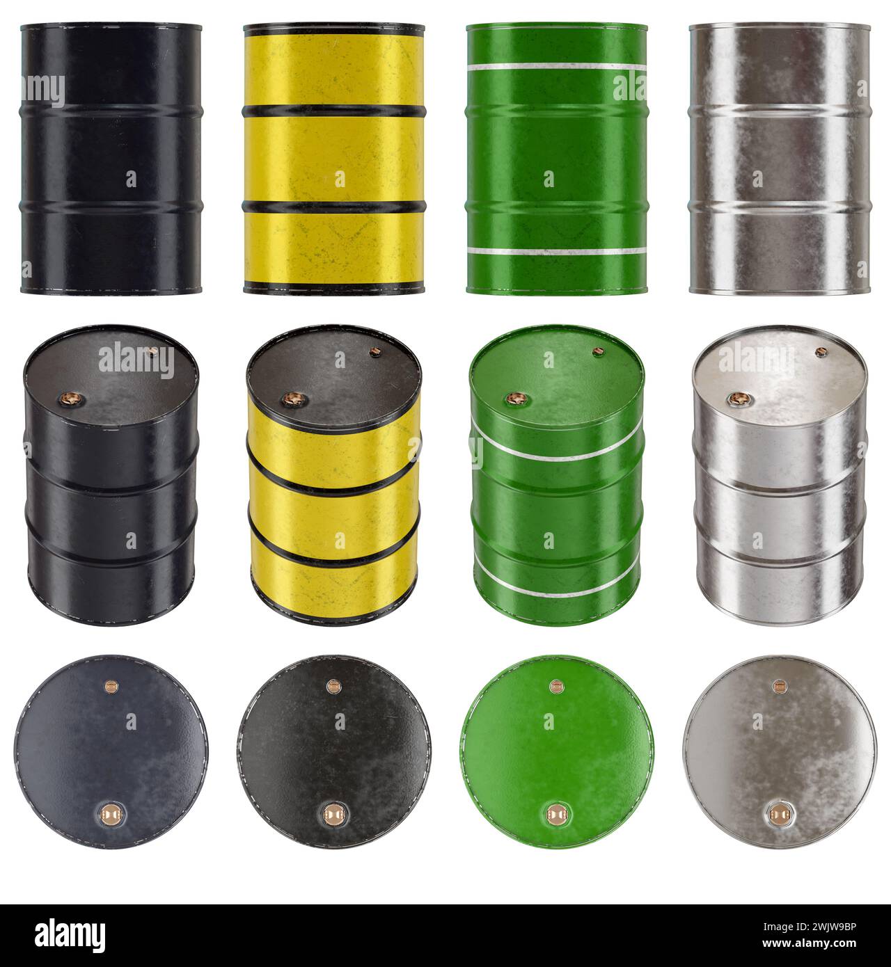 3d render illustration of a set of drum barrels in multiple views and ...