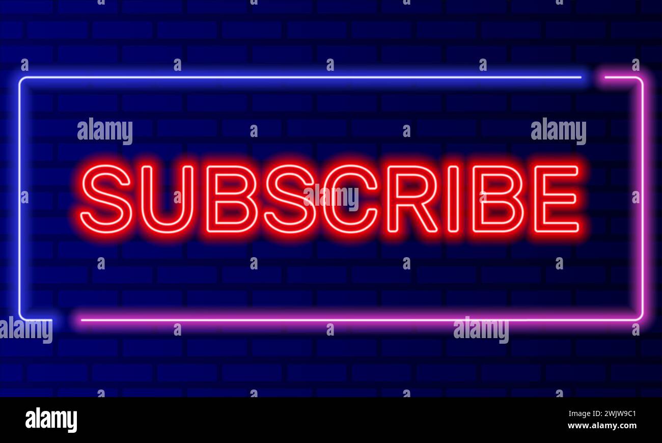 Neon sign subscribe in speech bubble frame on brick wall background ...