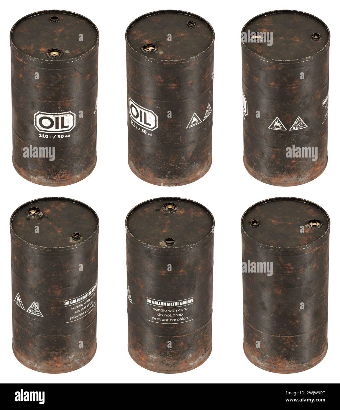 3d render illustration of a set of a rusted oil drum barrels in ...