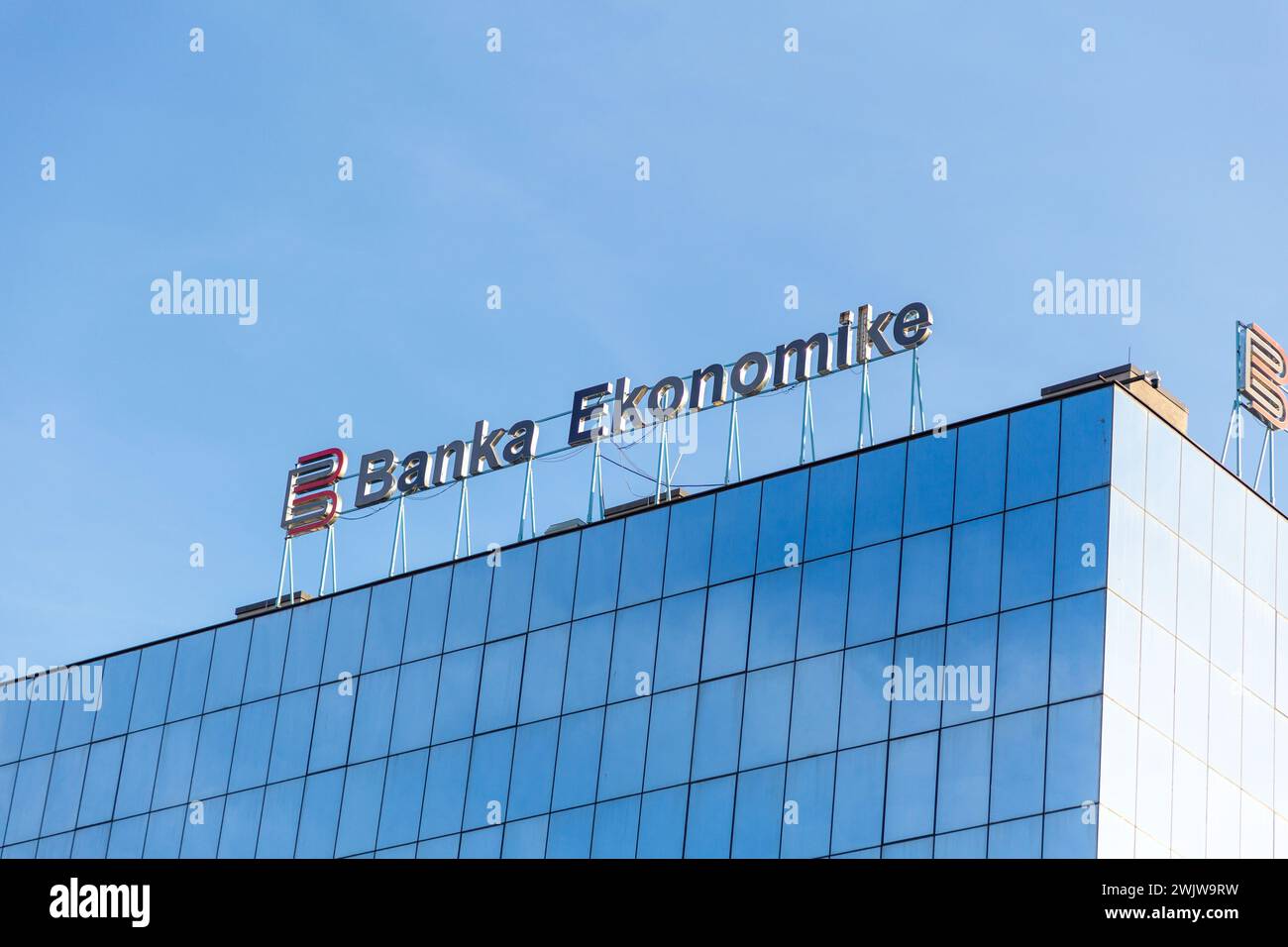 Pristina, Kosovo - February 5, 2024: The sign of Kosovan Economy Bank ...