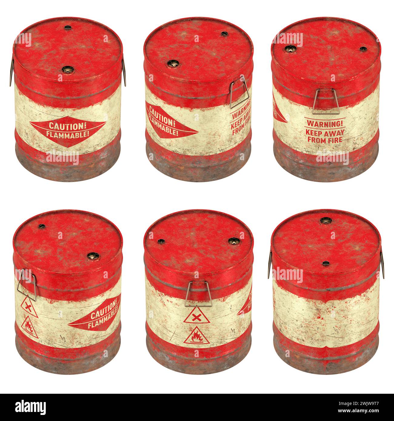 3d render illustration of a set of rustedsmall drum barrels with ...