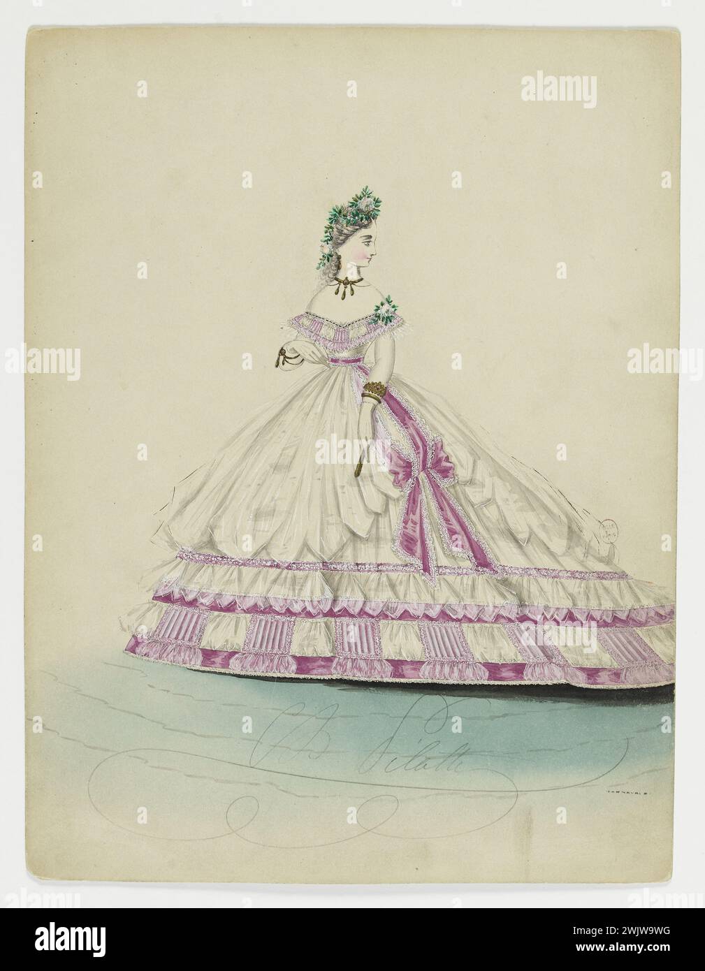 Charles Pilatte for the Ghys house. Model-figure for seamstress. White evening dress, pink ...