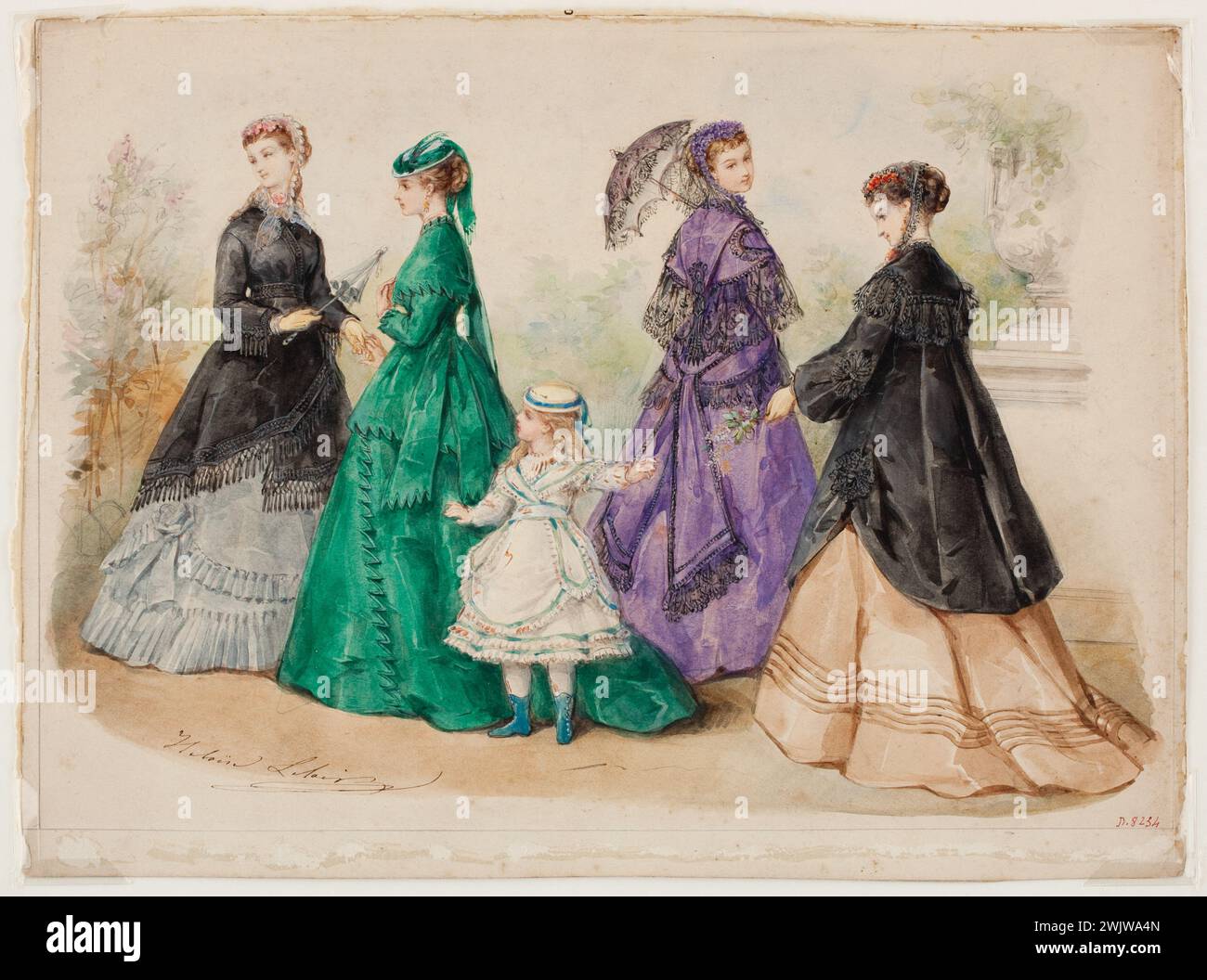 Héloïse Leloir (1820-1873). "Four women and a girl in a park". Gouache ...