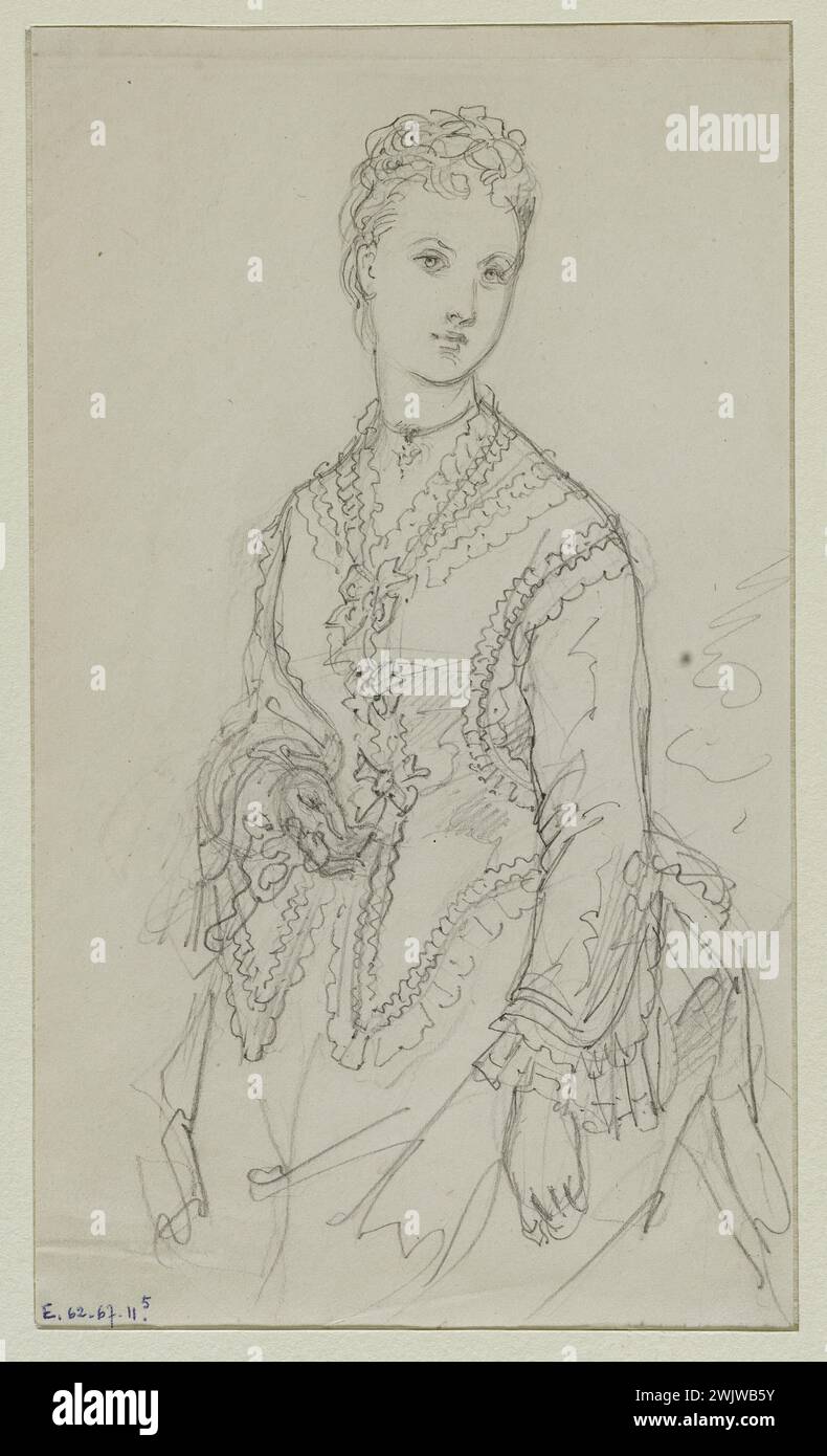 Anaïs Toudouze (1822-1899). "Three-quarter standing woman". Open jacket ...