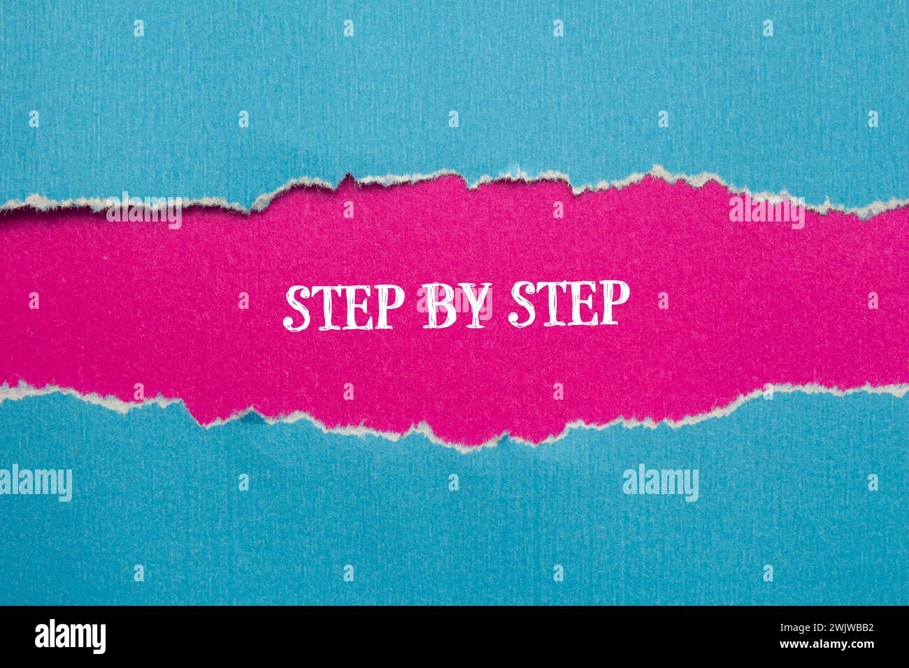 Step by step words written on blue torn paper with pink background ...