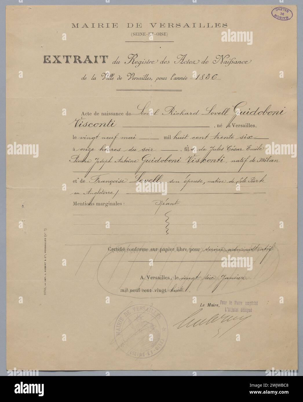 Extract from the birth certificate of Lionel Richard Lovell Guidoboni ...