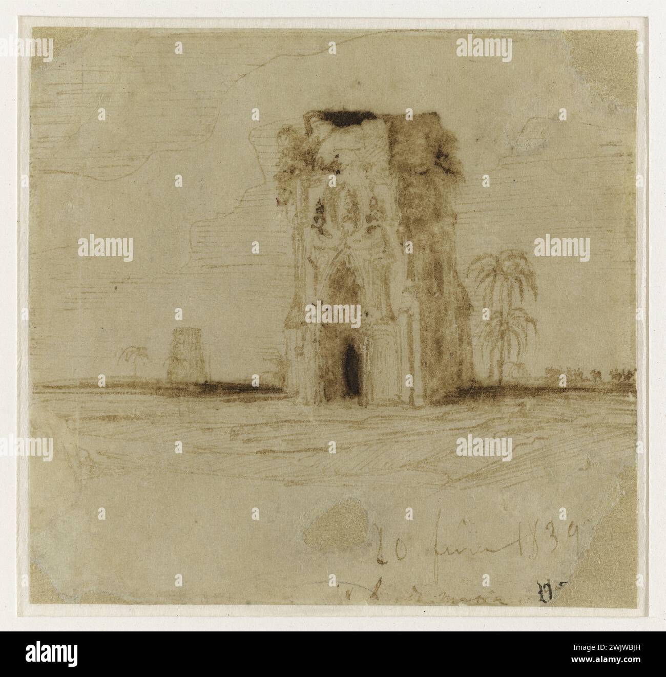 Victor Hugo (1802-1885). "Gothic tower base in a palm landscape". Brown ...