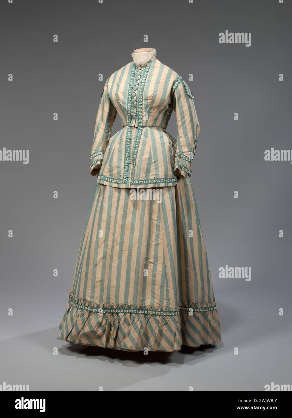 Day dress. Silk taffeta with blue and cream striped patterns, blue silk taffeta bias, small ...