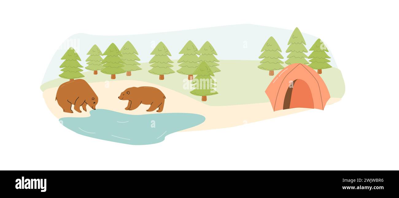camping travel in nature with bear near the lace. Vector illustration ...
