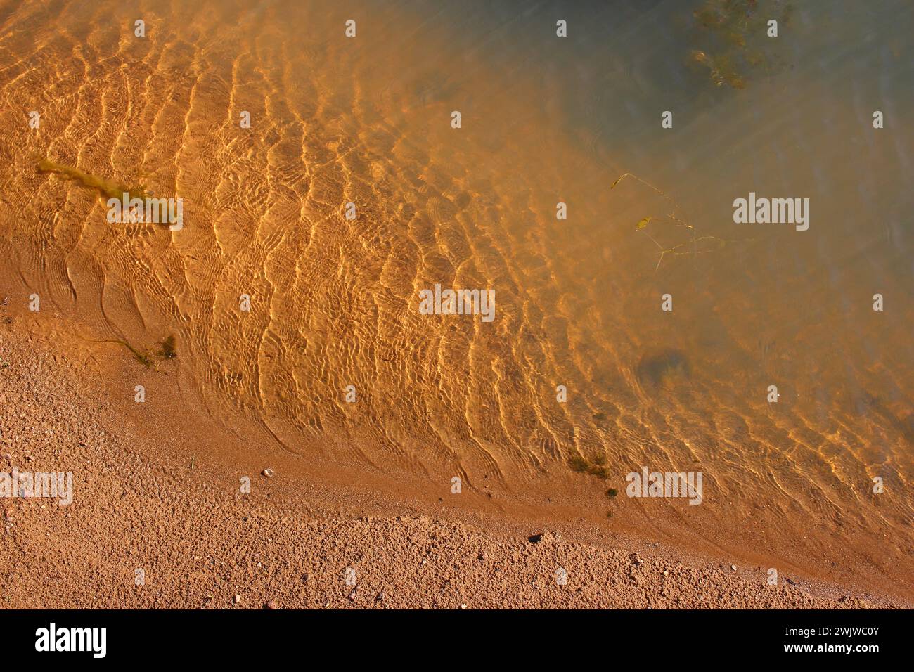 Colorful view of water glinting in the sun on the sandy shore of a ...