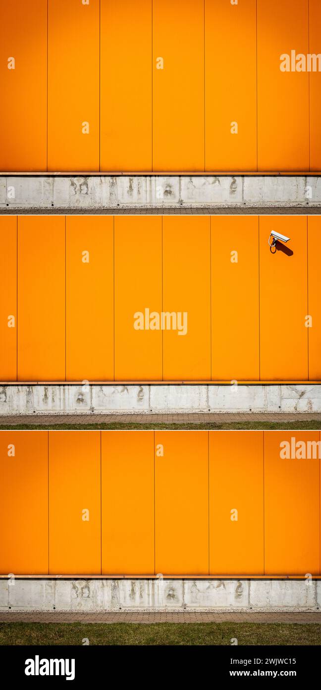 Collection of images with orange color industrial warehouse wall. Urban ...