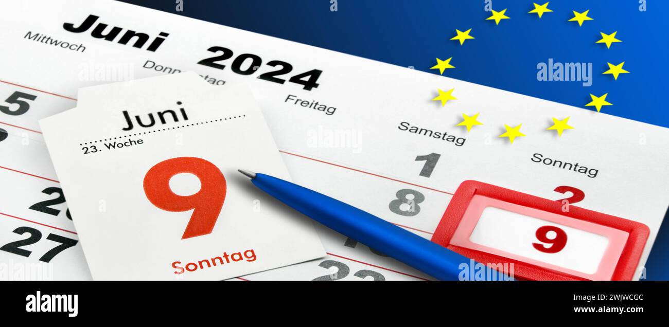 German calendar 2024 June 9 Sunday and EU Flag Wednesday Thursday ...