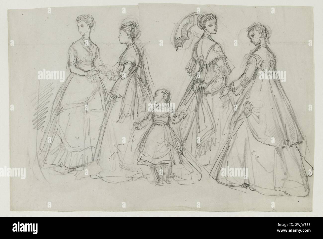 Héloïse Leloir (1820-1873). "Four women and a girl in a park". Sketch ...