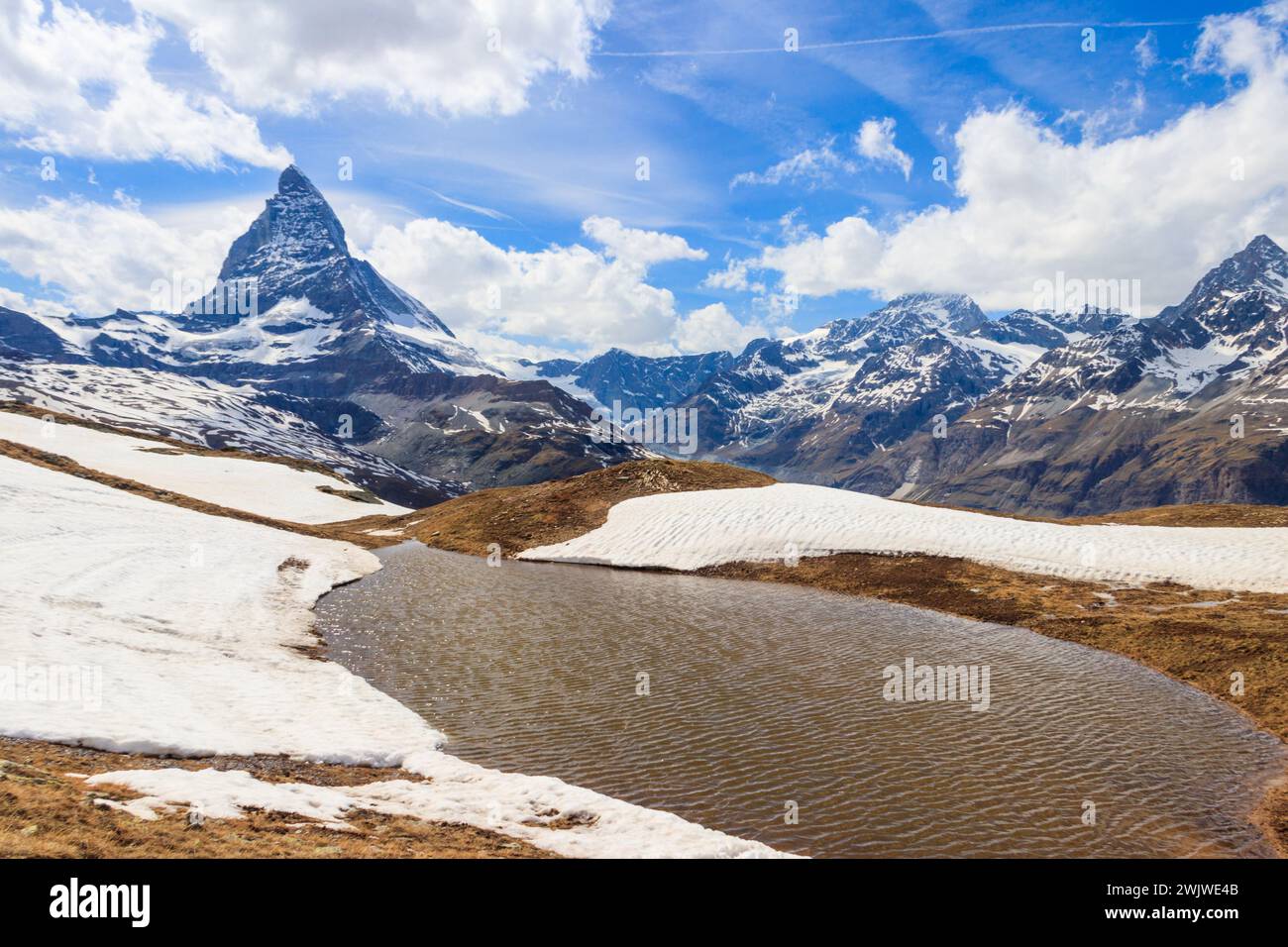 View of the Matterhorn with mountain lake near Zermatt in Valais canton ...