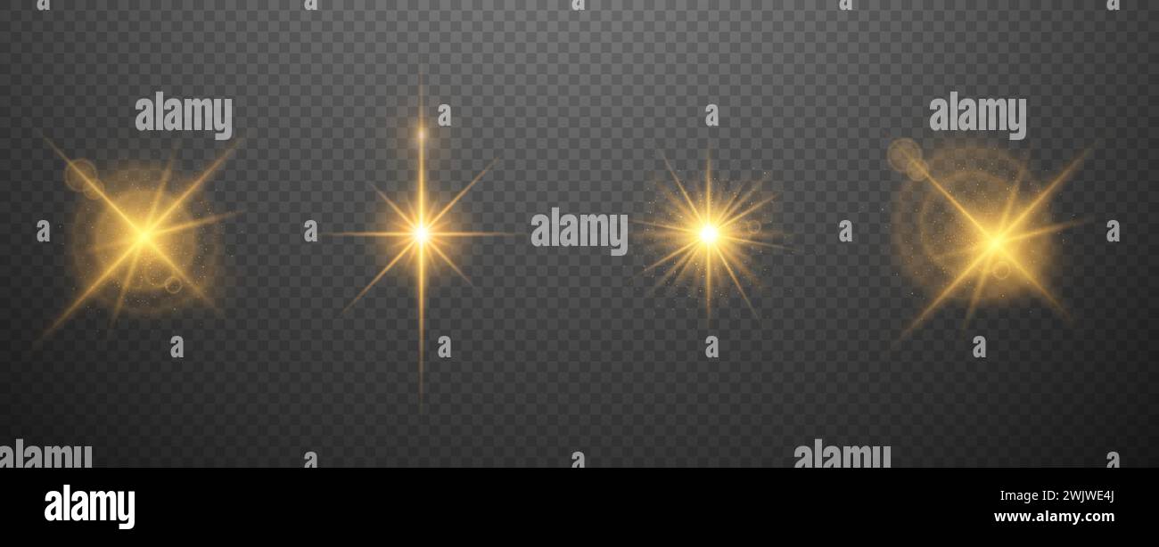 A set of glowing golden lighting effects on a transparent background ...