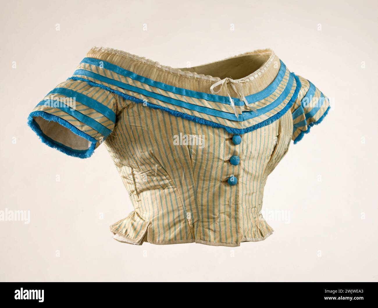 Evening bodice. Striped taffeta gilded and blue, blue taffeta, blue ...