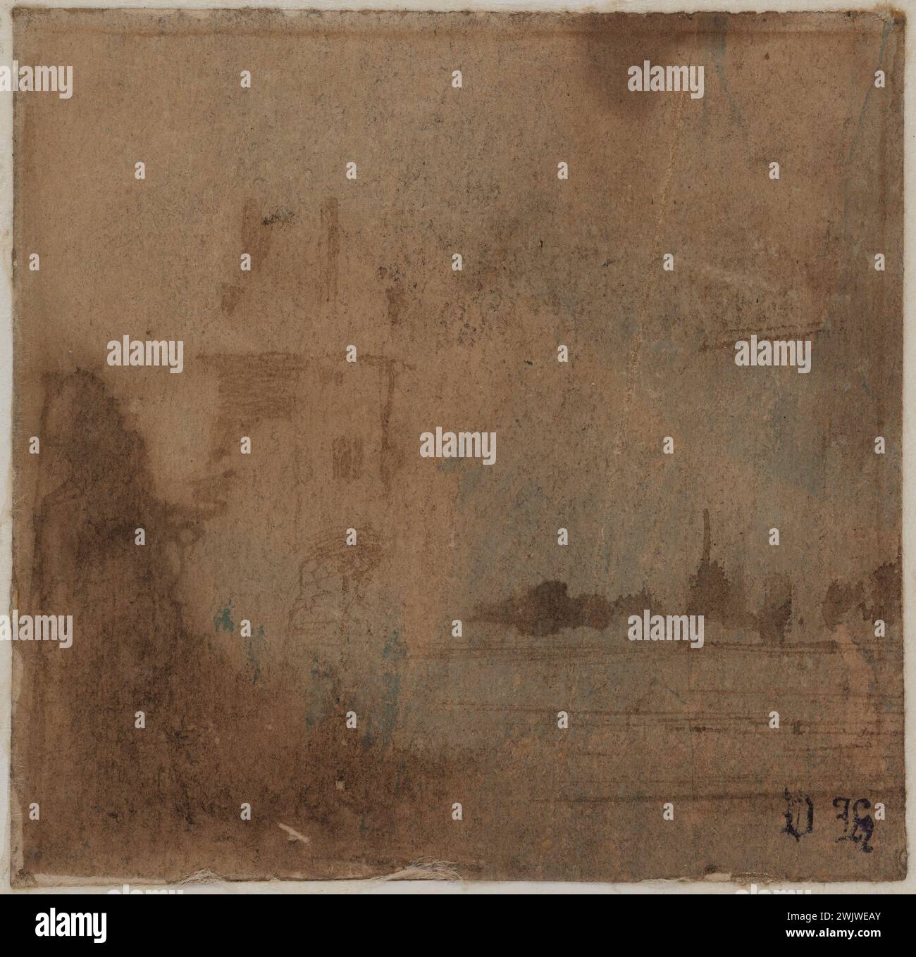 Victor Hugo. "A tower". Pen and brown ink wash, watercolor on woven ...