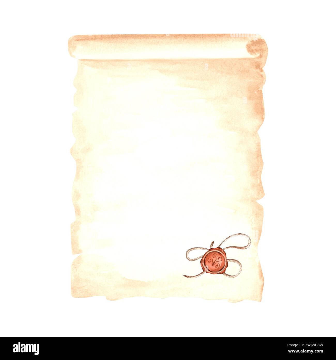 Sheets of parchment paper with wax stamp and rope. Vintage writing ...