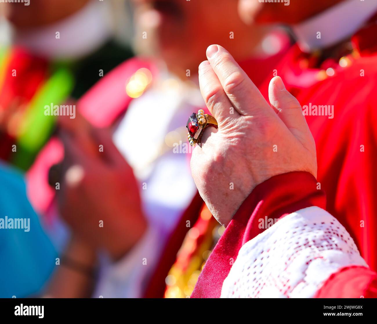 hand with ruby ring of the cardinal dressed in red during the blessing ...