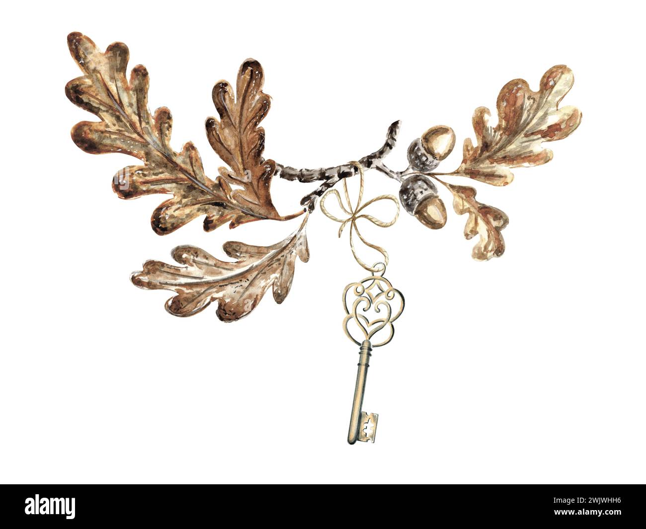 Vintage carved key with rope bow on autumnal oak branch with acorns and ...