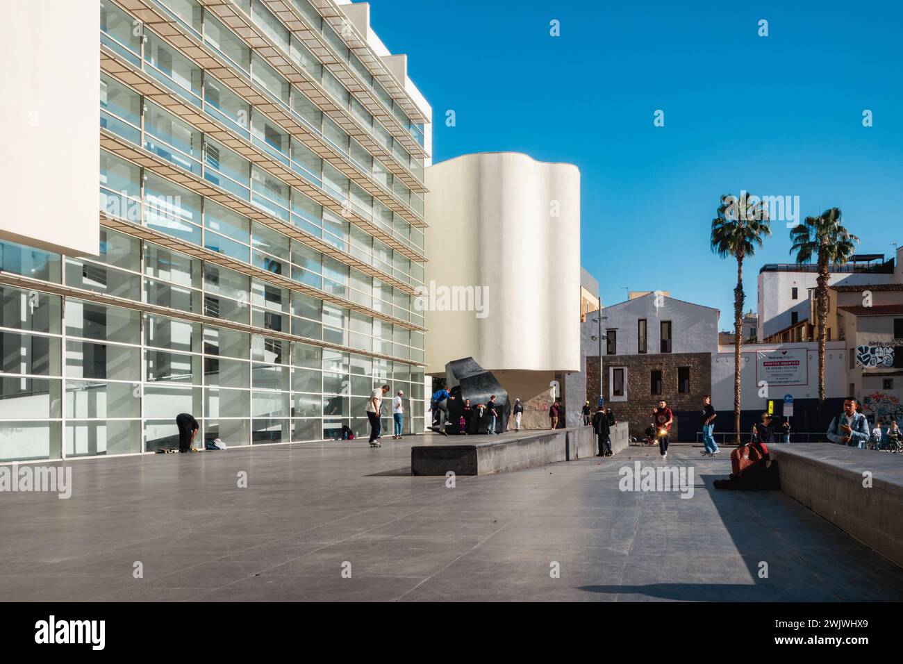 Barcelona, skaters at MACBA Museum of Contemporary Art. El Raval ...
