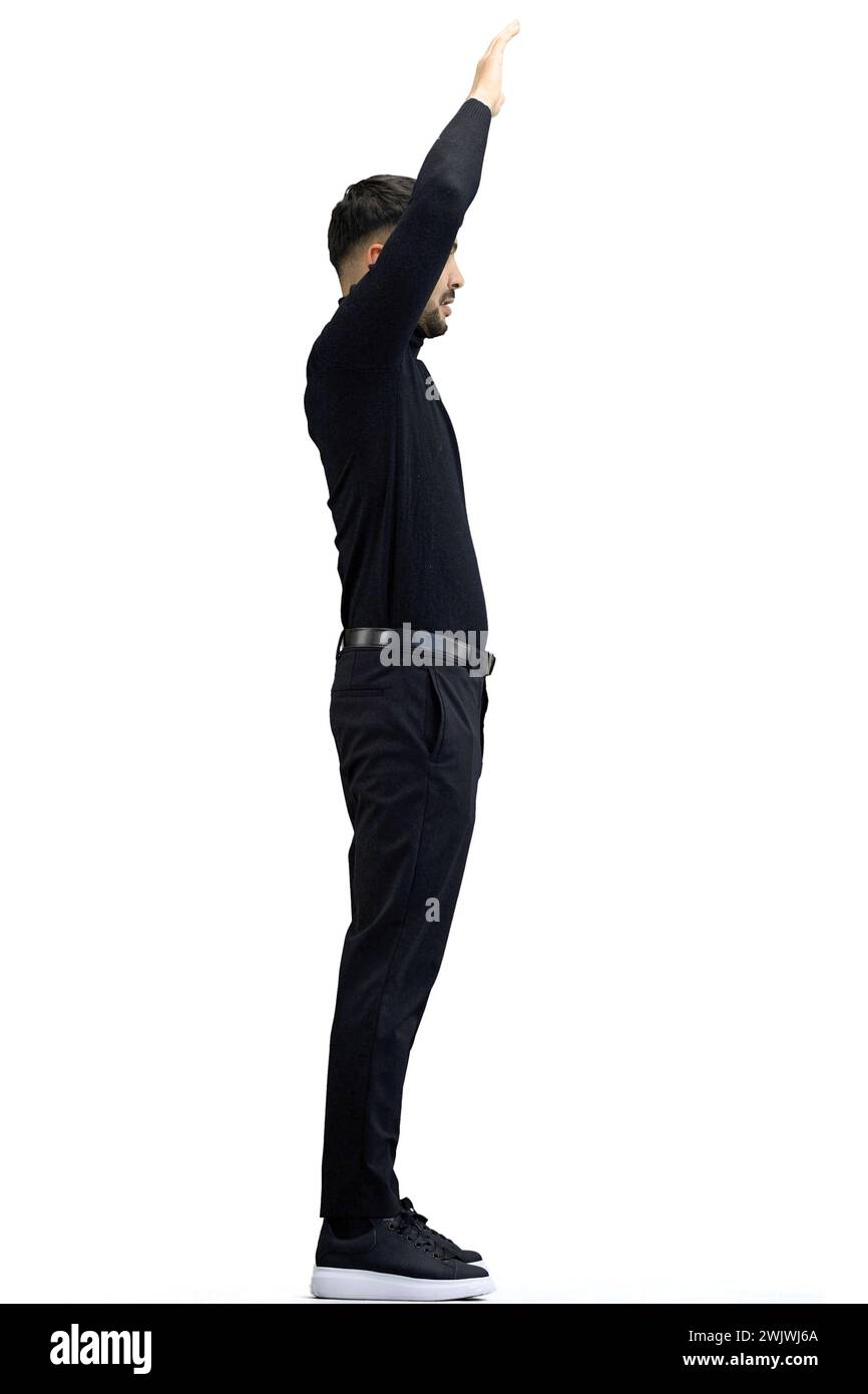 A man, on a white background, in full height, waving his arms Stock ...