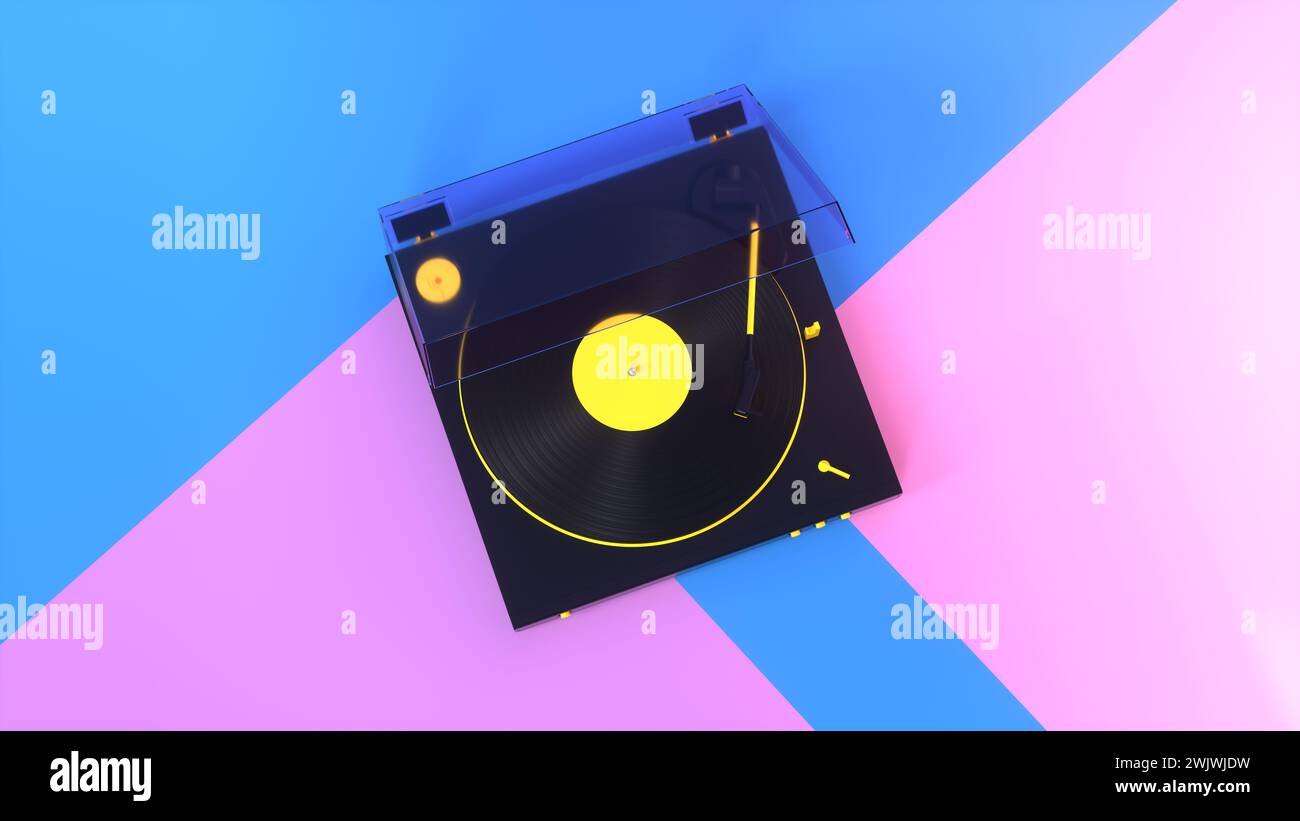 Modern turntable with vinyl record on Blue Pink Background. Top View ...