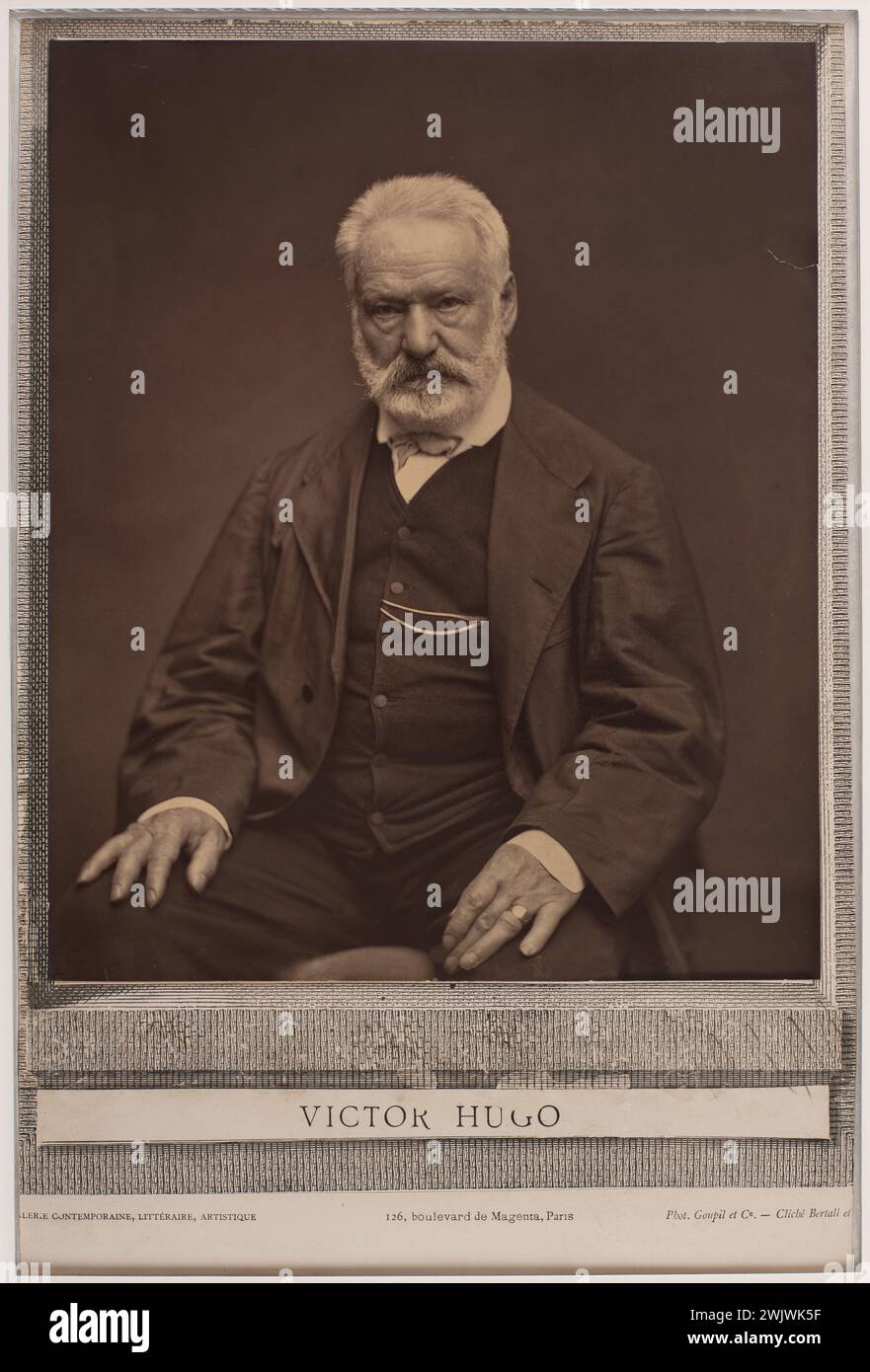 Victor Hugo seated from the front, hands on his thighs. Photograph ...