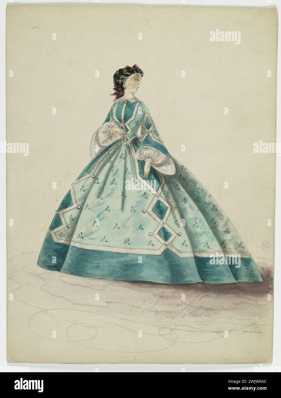 Charles Pilatte for the Ghys house. Model-figure for seamstress. Green town dress with geometric ...