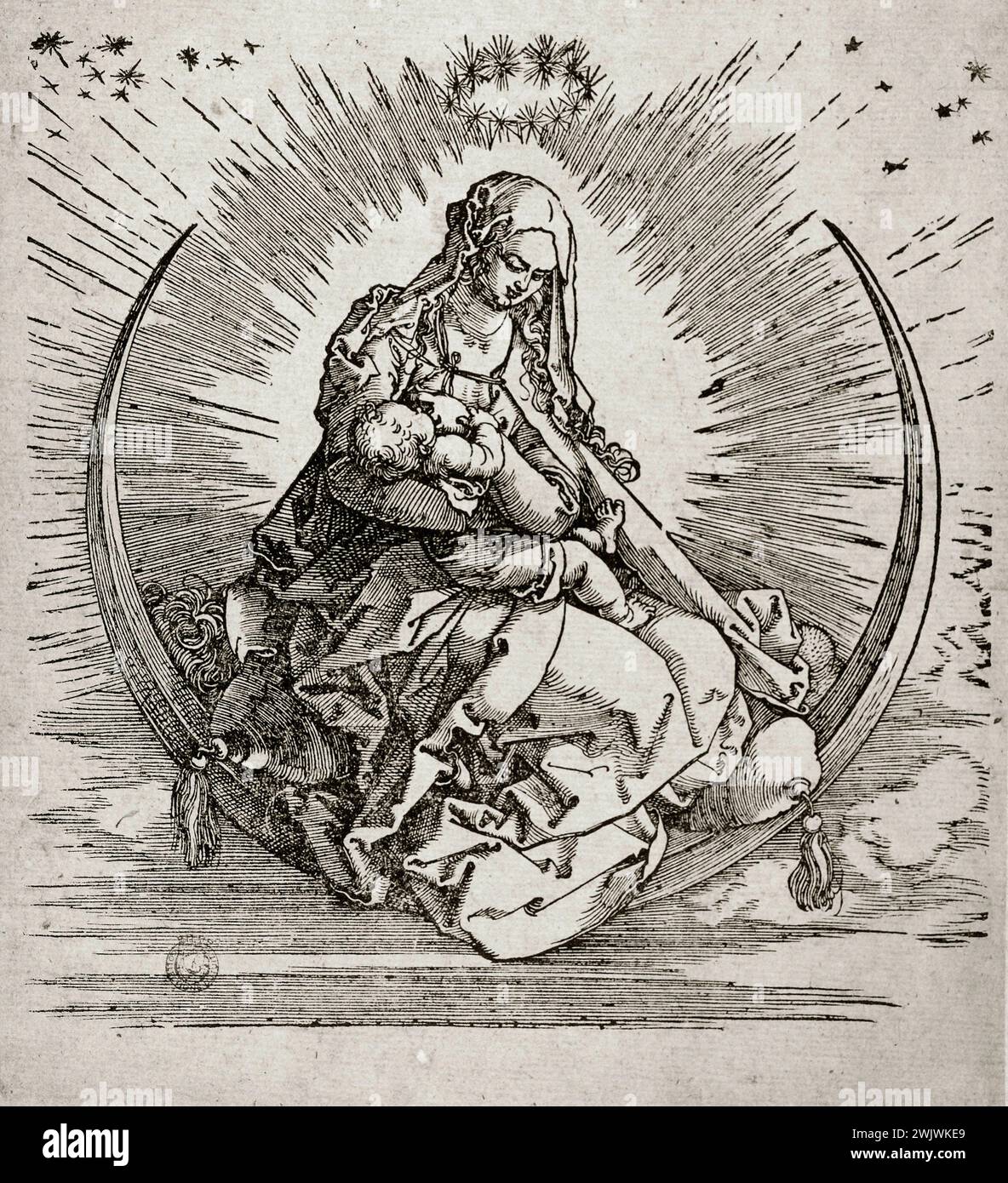 Crescent In Art Crescent Moon With Floral Patterns In Linocut Style.