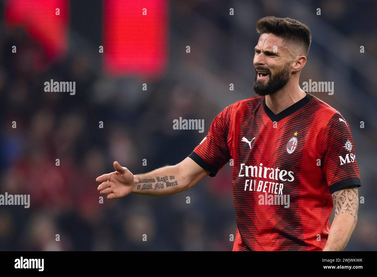 Milan, Italy. 16 February 2024. Olivier Giroud of AC Milan reacts ...