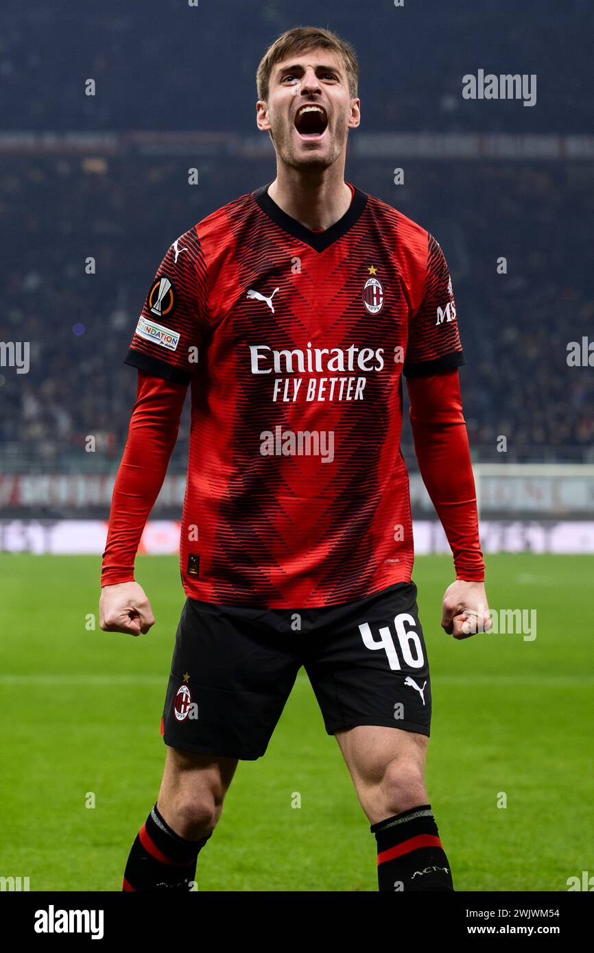 Milan, Italy. 16 February 2024. Matteo Gabbia of AC Milan celebrates during the UEFA Europa ...